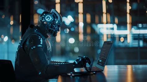 Cyborg Working In A Dark Office Using A Laptop Computer Stock Illustration Illustration Of