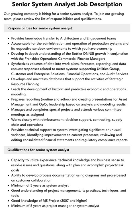 Senior System Analyst Job Description Velvet Jobs