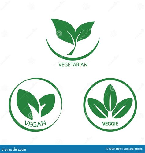 Green Leaf Vegan Label Set Veggie Or Vegetarian Food Logo Sing Stock