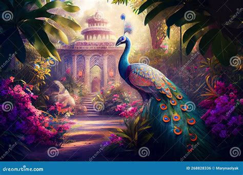 Luxurious Peacock In A Tropical Garden Ai Illustration Stock