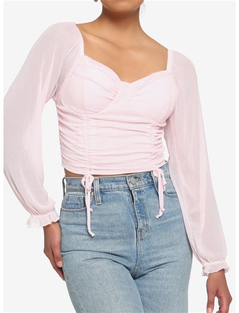 Pink Sheer Girls Crop Peasant Top Hot Topic