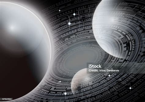 미래의 세계화 인터페이스입니다 새로운 기술입니다 우주 행성 및 밝은 별입니다 공간 디자인에 대 한 과학적인 추상 벡터 일러스트 레이 션 0명에 대한 스톡 벡터 아트 및 기타