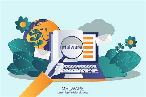 랩톱에 악성 코드가 있는 문서입니다 바이러스 불법 복제 해킹 및 보안의 개념 이메일 보호 맬웨어 방지 소프트웨어의 웹 사이트 배너 플랫 벡터 그림입니다 0명에 대한 스톡