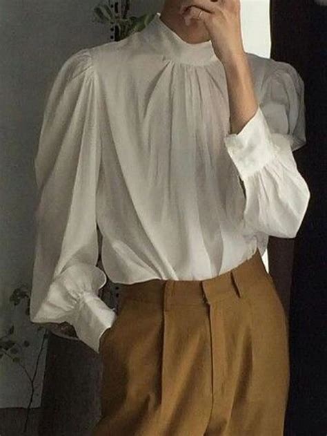 Elegant High Neck Loosen Plain Top Tops Stylewe Long Sleeve White