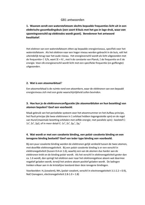 FA BA Atoom Opdracht Antwoorden GB Antwoorden Waarom Zendt Een Waterstofatoom Slechts