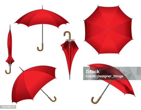 다양한 위치에 빨간색 우산세트 흰색 배경에 격리 열린 접힌 또는 상단 보기 벡터 항목의 컬렉션 0명에 대한 스톡 벡터 아트 및 기타 이미지 Istock