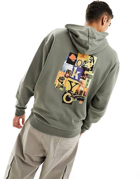 Asos Design Oversized Hoodie In Dark Grey With Collage Spine Front