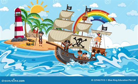 Beach With Pirate Ship At Daytime Scene In Cartoon Style Stock Vector