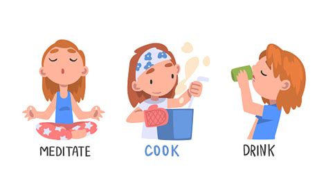 아이들은 다양한 활동에 참여했습니다 명상 요리 및 음료 어린이 교육 만화 만화 벡터 일러스트 레이 션을위한 행동 동사 개체 그룹에 대한 스톡 벡터 아트 및 기타 이미지
