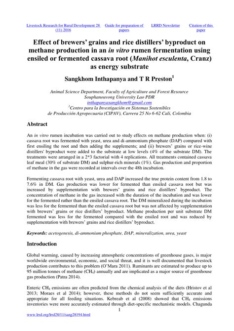 Pdf Effect Of Brewers Grains And Rice Distillers Byproduct On Methane Production In An In