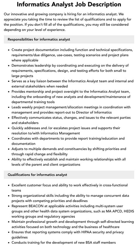 Informatics Analyst Job Description Velvet Jobs