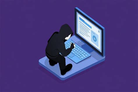 Flat 3d Isometric Hacker Or Thief Come Out From Monitor And Stealing Folder Premium Ai