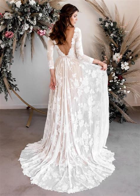 Long Sleeve Boho Wedding Dress Open Back Lace Boat Neck Etsy