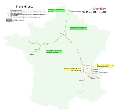 Carte des trains directs au départ de Chambéry en