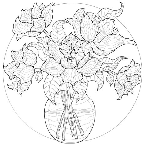 꽃병에 모란 꽃다발입니다 Flowerscoloring 책 어린이와 성인을 위한 안티 스트레스 Zen Tangle Style