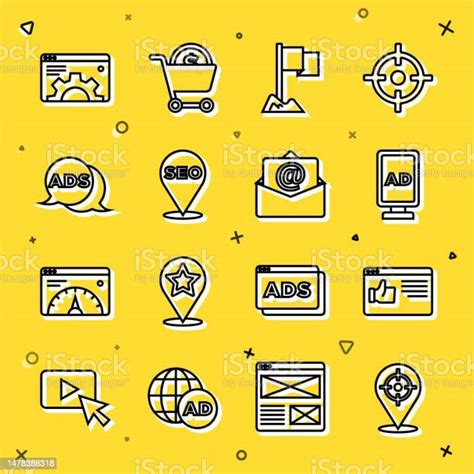라인 설정 대상 스포츠 브라우저 창 광고 위치 마커 Seo 최적화 설정 및 메일 및 이메일 아이콘 벡터 0명에 대한 스톡 벡터 아트 및 기타 이미지 Istock