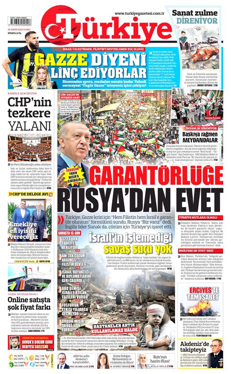 Türkiye Gazetesi Türkiye Manşet Oku Haberler 20 Ekim 2023