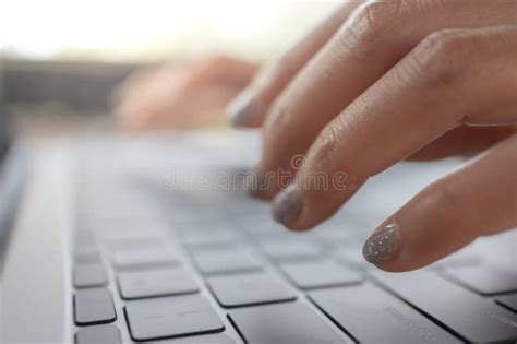 Close Up Of Woman Hand Typing On Laptop In Day Time Stock Image Image Of Female Keyboard