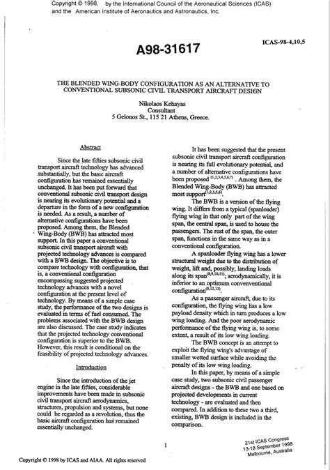 Pdf The Blended Wing Body Configuration As An Alternative To Conventional Subsonic Civil