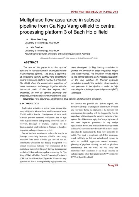 PDF Multiphase Flow Assurance In Subsea Pipeline From Ca Ngu Vang Oilfield To Central