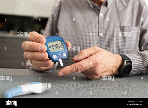 Man Measures His Blood Sugar Glucometer Blood Sample Test Diabetes