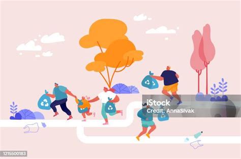 건강한 라이프 스타일과 생태 보호 개념 퍼깅 중에 쓰레기를 줍는 활동적인 사람들 남자 여자 키즈 캐릭터는 공원 청소 환경에서 실행됩니다 만화 사람 벡터 일러스트 가방에 대한