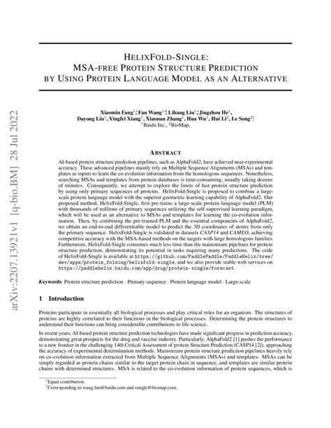 Helixfold Single Msa Free Protein Structure Prediction By Using