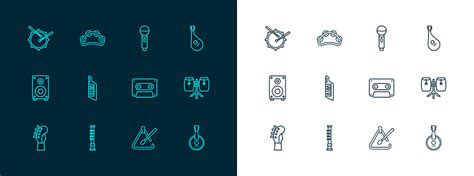 세트 라인 반두라 플루트 레트로 오디오 카세트 테이프 삼각형 악기 숄더 키보드 마이크 드럼 스틱이 있는 드럼 탬버린 아이콘 벡터 라인아트에 대한 스톡 벡터 아트 및 기타