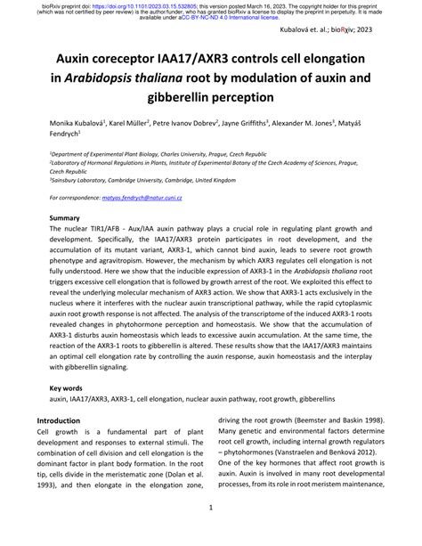 Pdf Auxin Coreceptor Iaa17 Axr3 Controls Cell Elongation In Arabidopsis Thaliana Root By