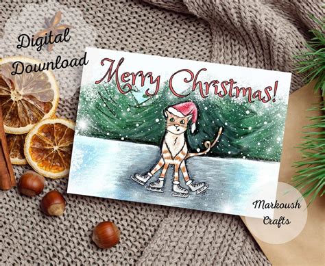 Printable Cat Christmas Card Merry Christmas Card With Cute Skating Cat