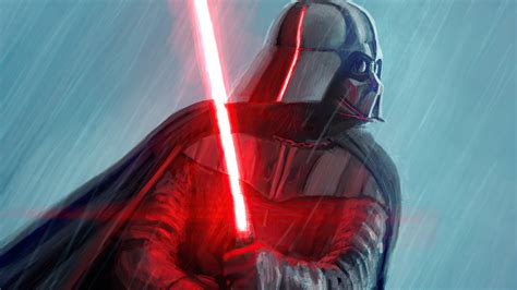 Darth Vader Sith With Red Lightsaber In Rain Background Star Wars Hd