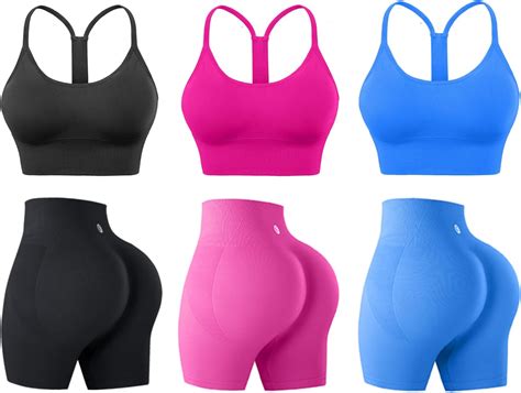 Evercute Workout Set For Women 3 Sets Racer Back Sports Bras Gym Shorts