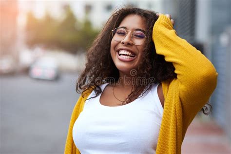 Portrait Laugh And Confident Woman In City With Glasses For Fashion