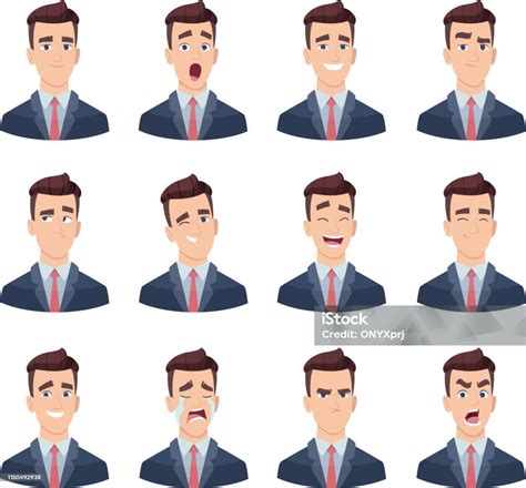 사업가 감정 다양 한 얼굴 감정 들과 남성 캐릭터 슬픔 기쁨 싫어 웃음 분노 미소 공포 벡터 사진 개성 개념에 대한 스톡 벡터 아트 및 기타 이미지 Istock