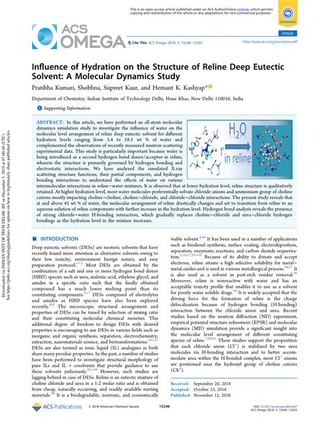 Pdf Influence Of Hydration On The Structure Of Reline Deep Eutectic
