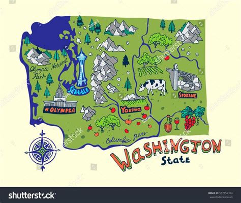 Cartoon Map Washington State Travel Attractions Stock Vector Royalty
