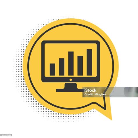 흰색 배경에 격리 된 금융 차트와 그래프 아이콘과 블랙 컴퓨터 화면 차트 막대 및 재무 분석 노란색 음성 버블 기호입니다 벡터 0명에 대한 스톡 벡터 아트 및 기타 이미지