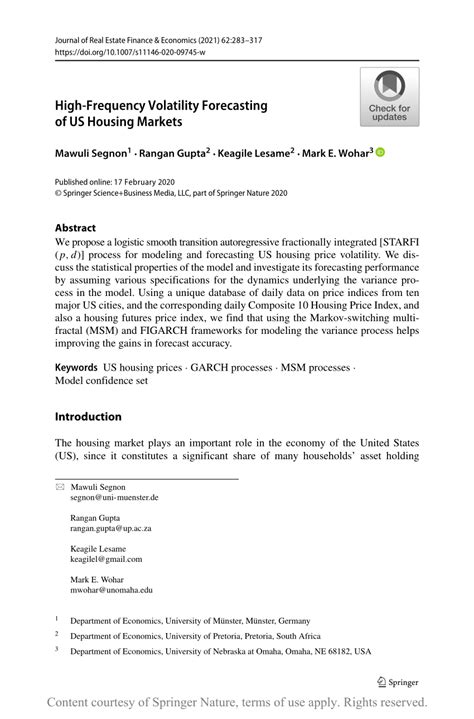 High Frequency Volatility Forecasting Of Us Housing Markets Request Pdf