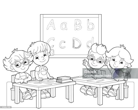 Scène De Dessin Animé Avec Des Gosses Et Lenseignant Dans La Salle De