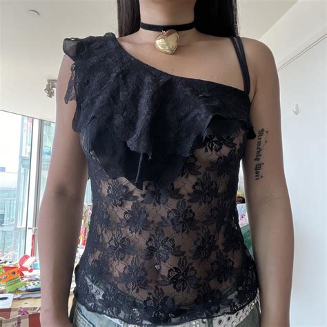 Vintage Black Sheer Lace Asymmetrical Frill One Depop
