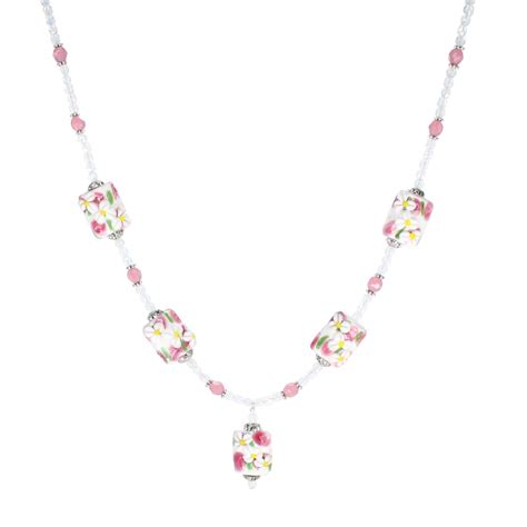 Pink White Three Flower Rectangle Necklace Sky Blue Designs LLC