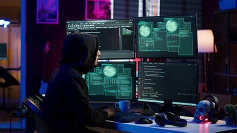 Hacker Happy After Successfully Doing Computer Sabotage Using Ransomware Technology Stock