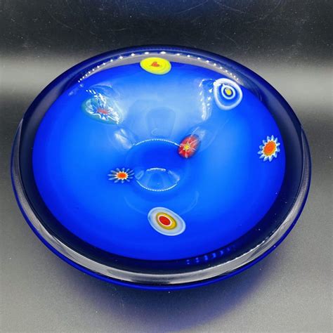 0603 Cobalt Blue Art Glass Bowl With Milefiori Italian 9 Inch Diameter