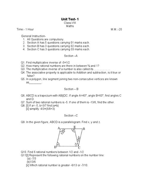 Unit Test 1 Class 8 Maths Pdf