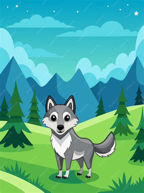 Мультфильмный волк стоящий в горном пейзаже Премиум Ai