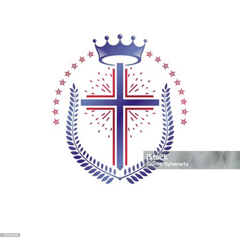 종교적 그래픽 상징 십자가 제국 크라운 및 꽃 장식 기독교 십자가 사용 하 여 만들어집니다 아름 다운 리본 장식 빈티지 벡터