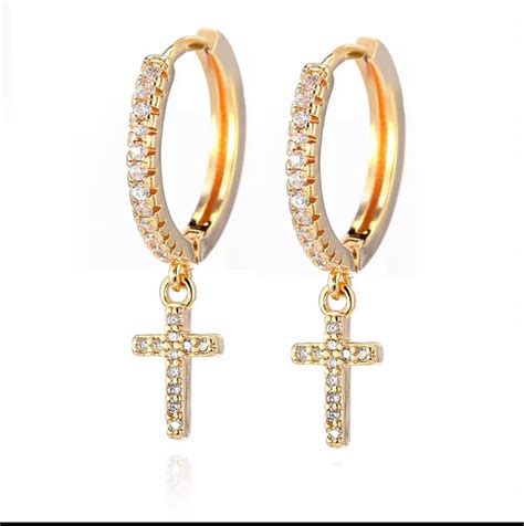 Mens Iced Cz Dangle Drop Huggie Cross Hoop Earrings In Gold Etsy