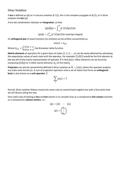 Dirac Quantum 1 Dirac Notation A Bra Is Defined As 𝜓 Or In