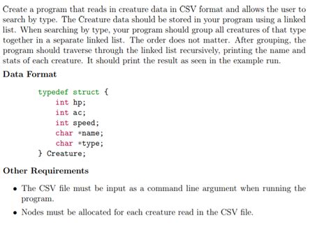 Create A Program That Reads In Creature Data In Csv