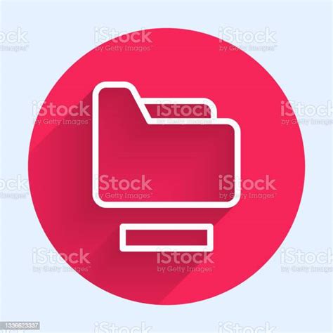 긴 그림자 배경으로 격리된 화이트 라인 문서 폴더 아이콘입니다 회계 바인더 기호입니다 부기 관리 빨간색 원 버튼입니다 벡터